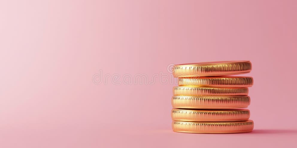 Stack of Five Golden Coins on Pink Background. National One Cent Day ...