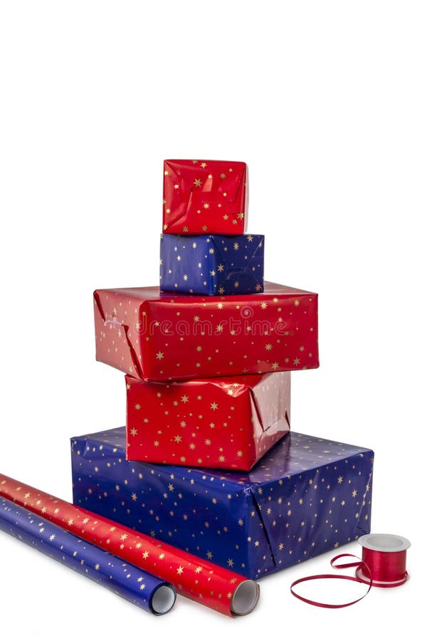 Stack of Five Presents and Wrapping Paper Stock Image - Image of ...