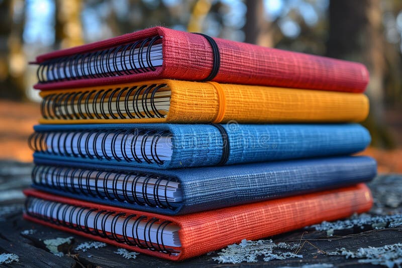Colorful Spiral Bound Notebooks Stacked on Wooden Surface Stock Photo ...