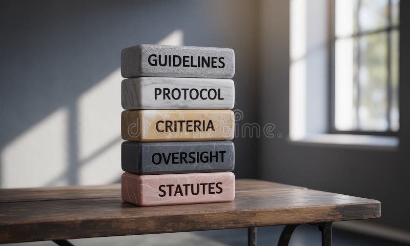 Stack of Five Stone Blocks with Words Guidelines, Protocol, Criteria ...