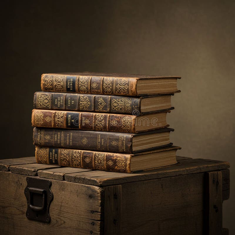 A Stack of Five Vintage Books with Worn Brown Leather Covers and Ornate ...
