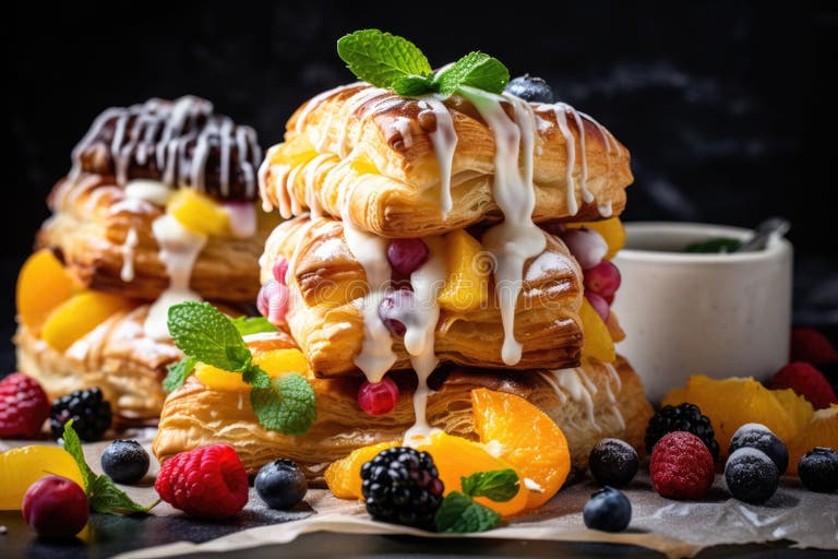 Stack of Flaky Puff Pastries, Filled with Fruit and Drizzled with Icing ...