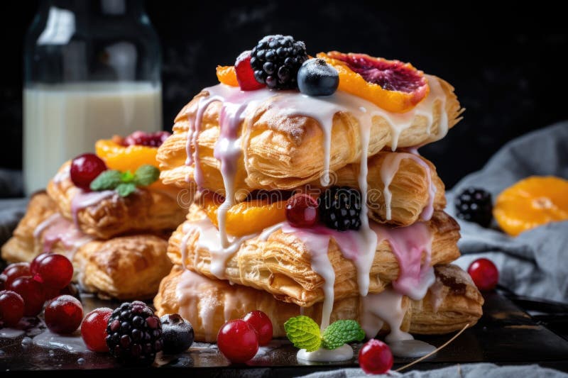 Stack of Flaky Puff Pastries, Filled with Fruit and Drizzled with Icing ...