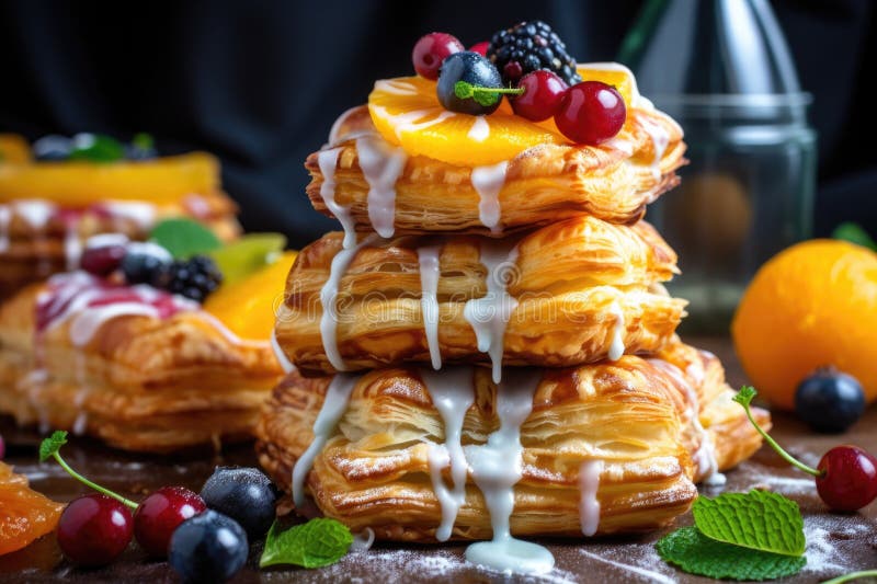 Stack of Flaky Puff Pastries, Filled with Fruit and Drizzled with Icing ...