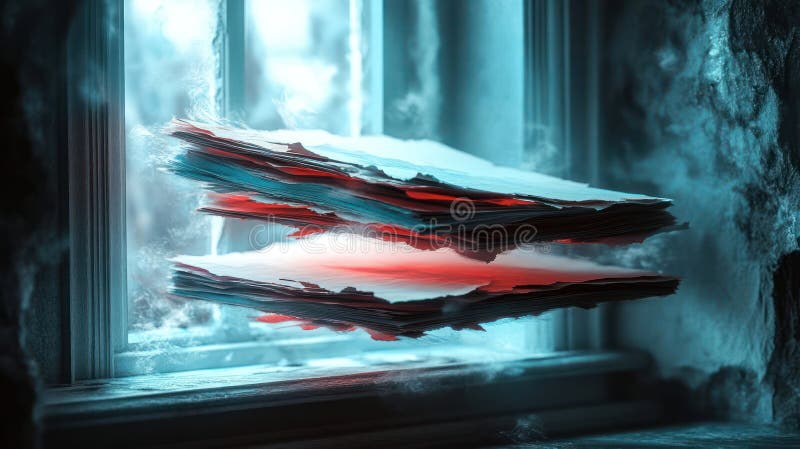 A Stack of Floating Papers Illuminated by a Mystical Blue and Red Glow ...