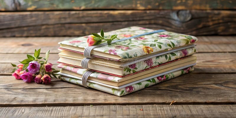 Stack of Floral-covered Journals and Books on Rustic Wood with a Small ...