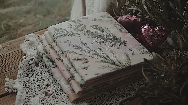 Stack of Floral Notebooks Rustic Wooden Table Romantic Setting Vintage ...