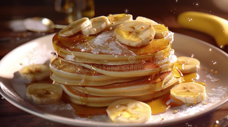 Stack of Fluffy Banana Pancakes Topped with Sliced Bananas and Warm ...