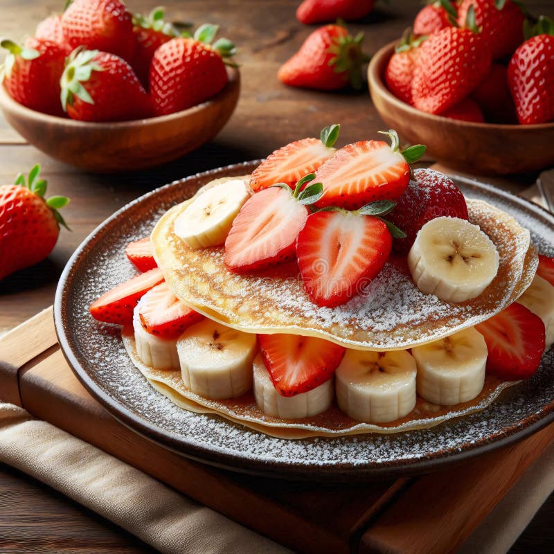 A Stack of Fluffy Crepes with Strawberry, Banana and Maple Syrup Sits ...