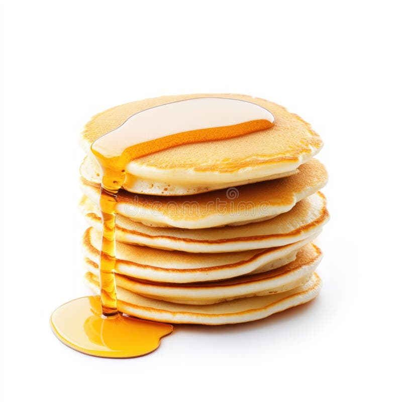 Stack of Fluffy Pancakes with Dripping Maple Syrup on White Background ...