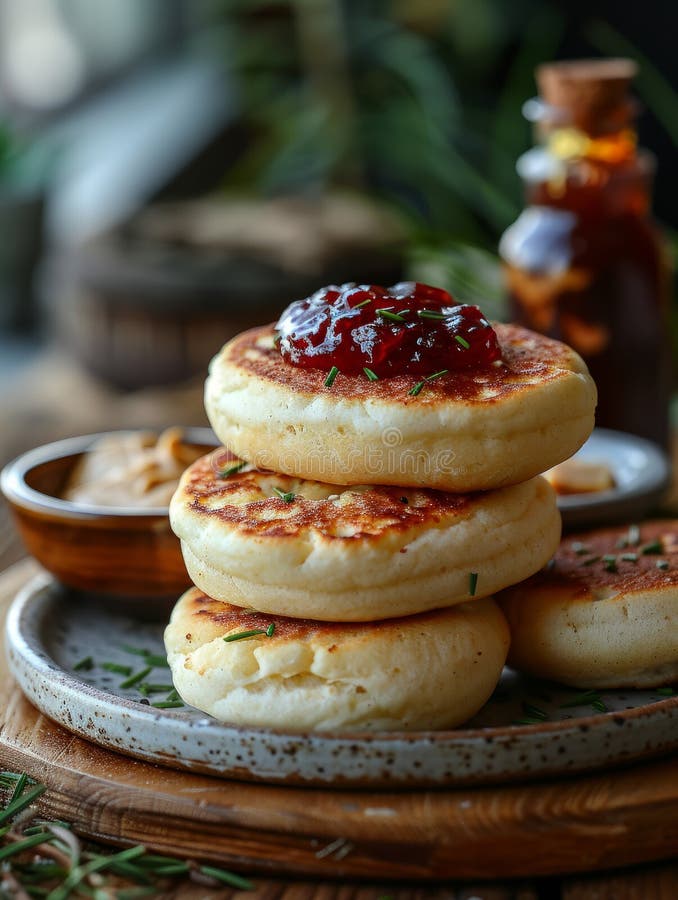 A Stack of Fluffy Pancakes with Jam, Served on a Plate. Stock Image ...