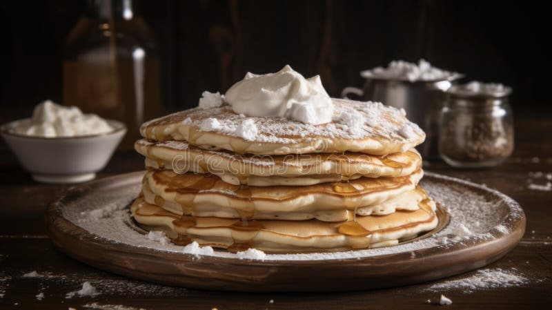 Stack of Fluffy Pancakes with Maple Syrup, Whipped Cream, and a ...