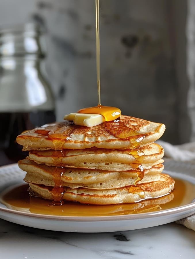 A Stack of Fluffy Pancakes with Melted Butter and Maple Syrup Stock ...