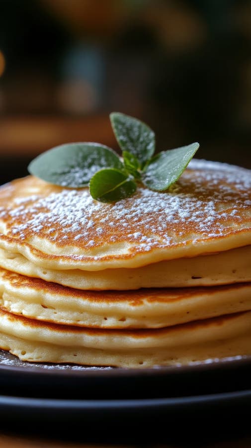 Stack of Fluffy Pancakes with Powdered Sugar and Mint Leaf, Close-up ...