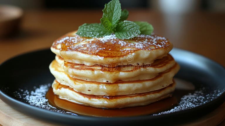 Stack of Fluffy Pancakes with Syrup and Mint Garnish on a Black Plate ...