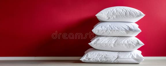 Stack of Fluffy White Pillows Piled High Against a Vibrant Red ...