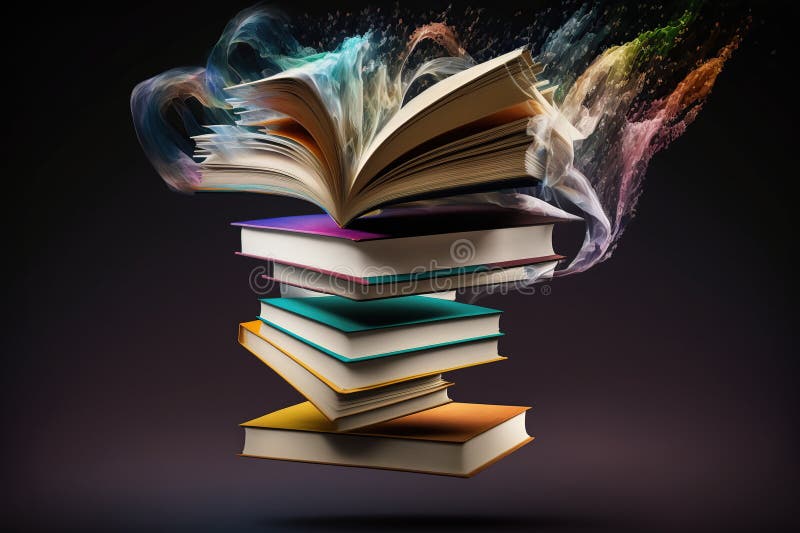Stack of Flying Books with Levitation on Black Background Stock ...