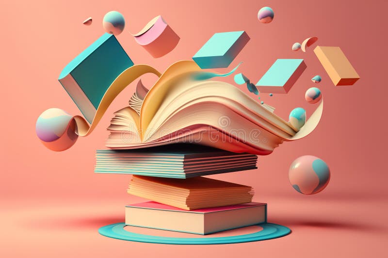 Stack of Flying Books with Levitation on Pink Background, Creative ...