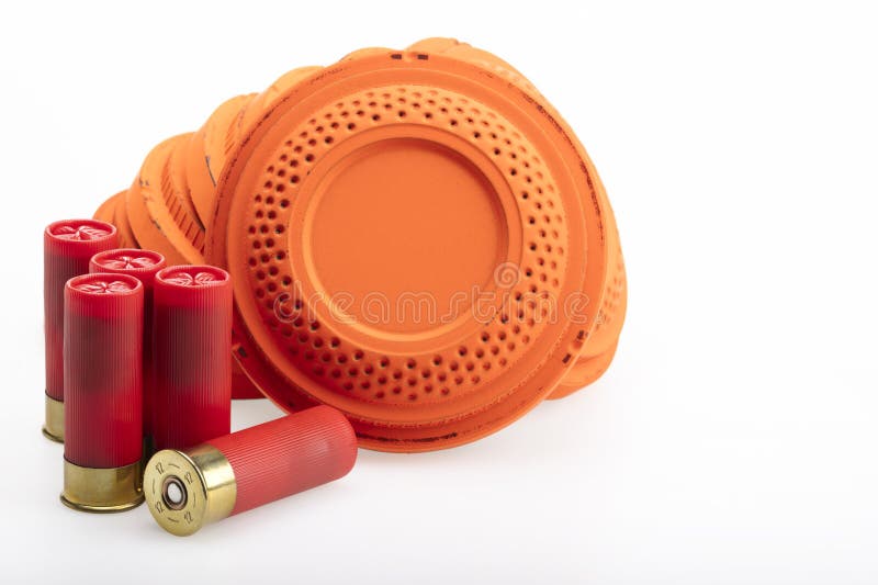 Stack of Flying Clay Pigeon Targets on White Background , Gun Shooting ...