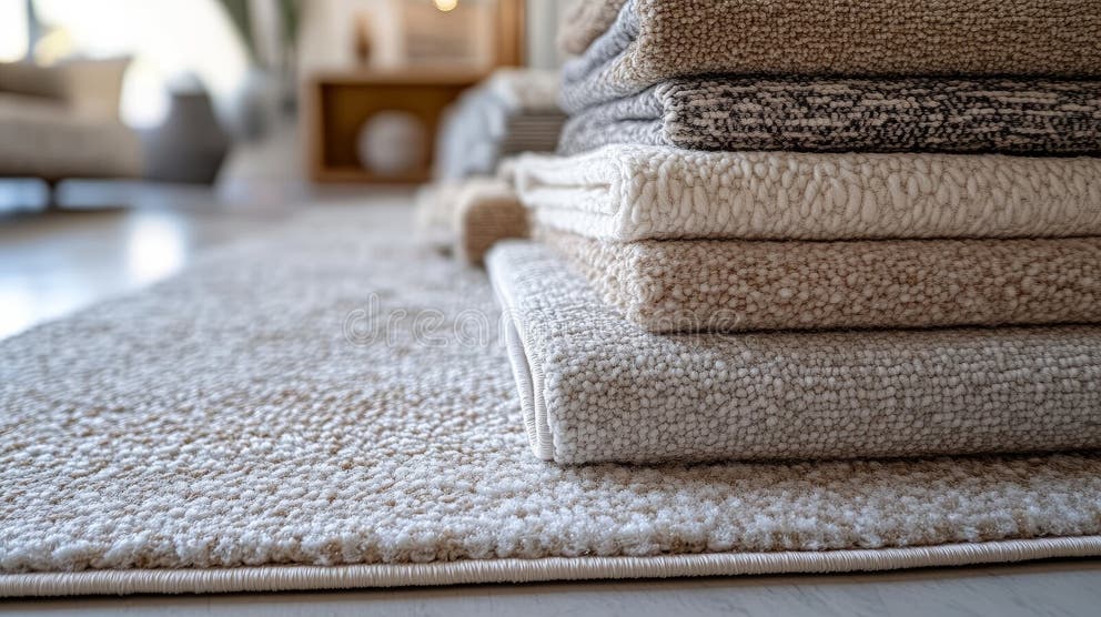 Stack of Folded Beige and Brown Carpets in a Cozy Home. Stock Image ...