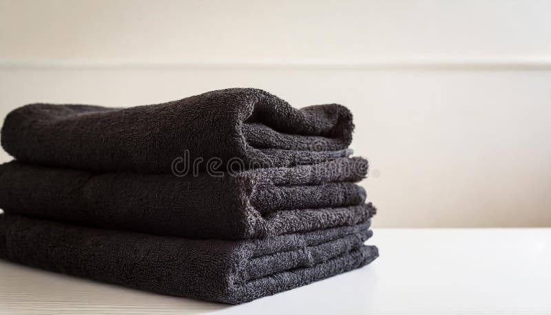 Stack of Folded Black Towels on Table, Light Wall on Background. Home ...