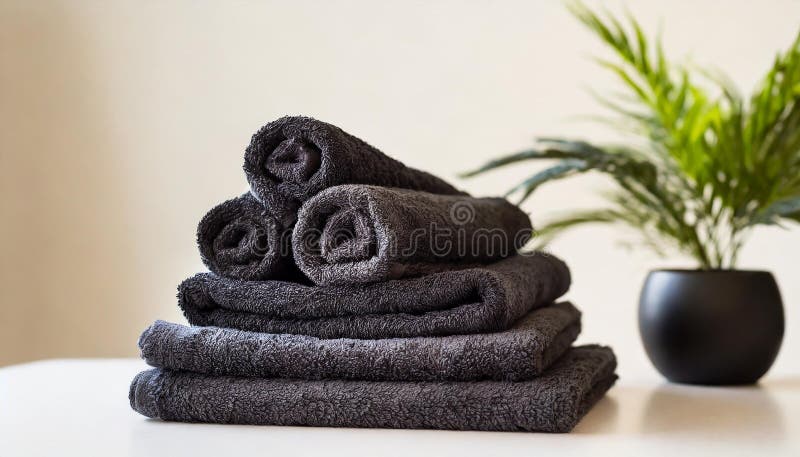 Stack of Folded Black Towels on Table, Light Wall on Background. Home ...