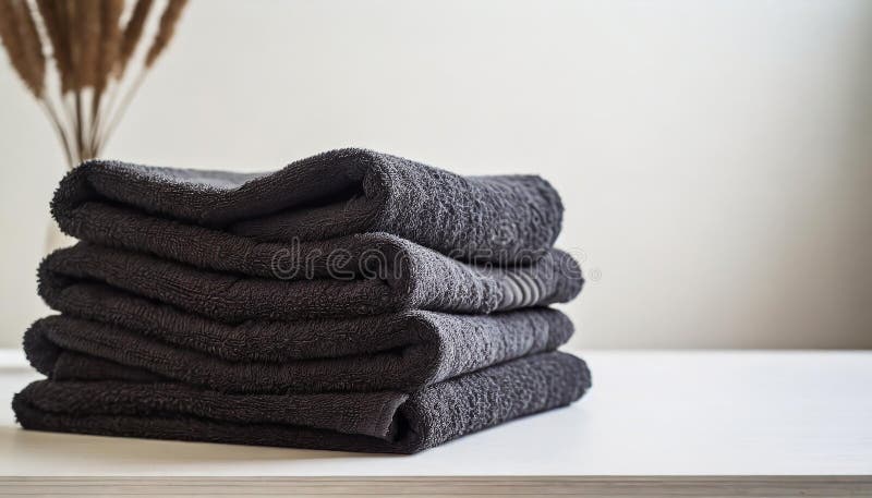 Stack of Folded Black Towels on Table, Light Wall on Background. Home ...