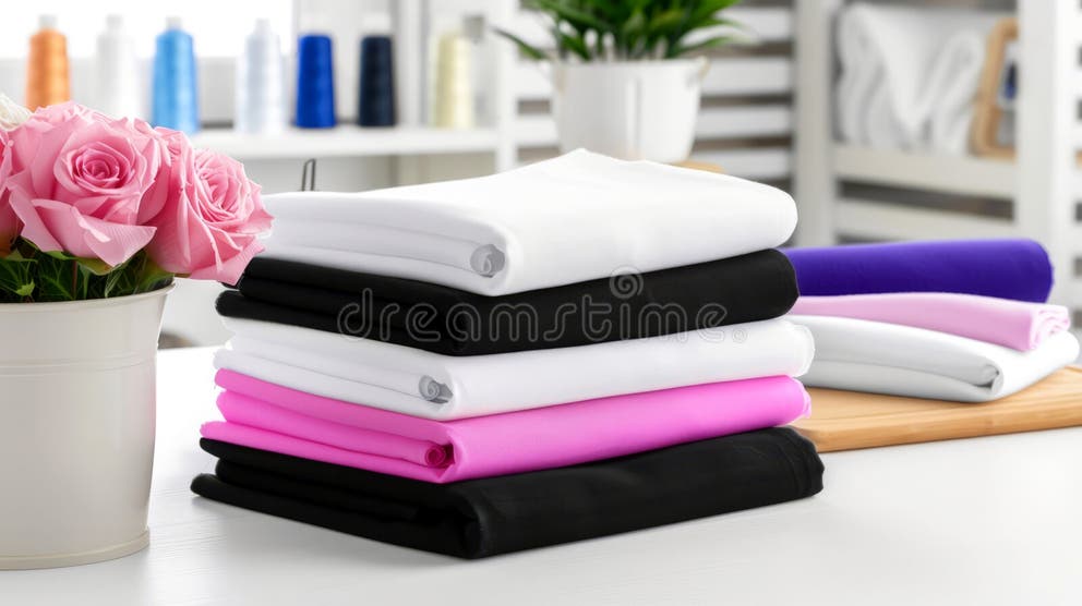 Stack of Folded Black, White, and Pink Fabrics in Sewing Workshop Stock ...