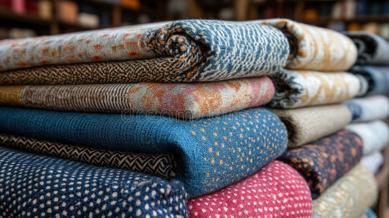 A Stack of Folded Blankets in Various Colors and Patterns, Showcasing a ...
