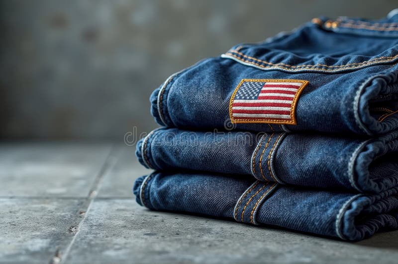 Stack of Folded Blue Denim Jeans with American Flag Patch on Rustic ...