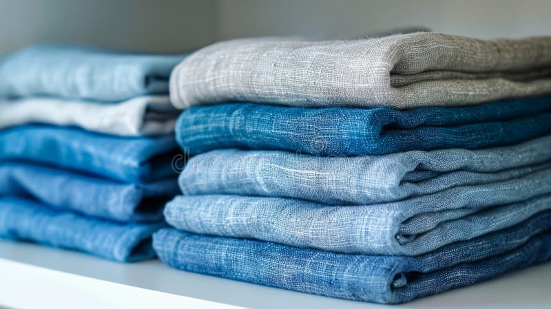 Stack of Folded Blue and Grey Fabric on a Shelf. Stock Photo - Image of ...