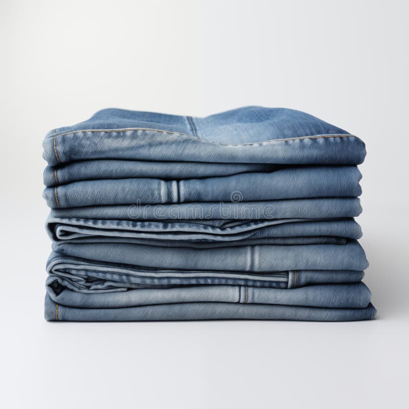 Stack of Folded Blue Jeans with Detailed Stitching on a White ...