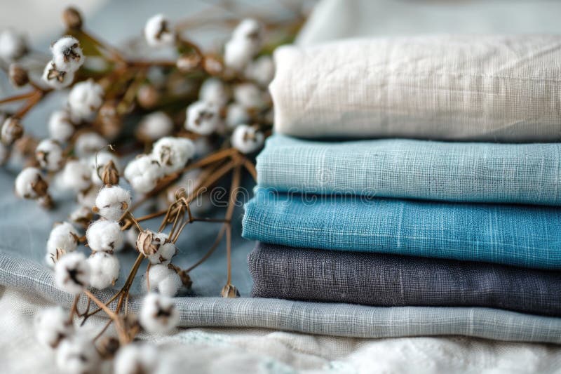 A Stack of Folded Blue and White Linens on a Table, Ready for Use Stock ...