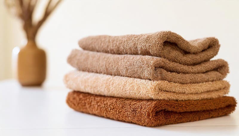 Stack of Folded Brown Towels on Table, Light Wall on Background. Home ...