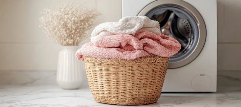 Stack of Folded Clean Laundry. Pastel Clothes in Wicker Basket on ...