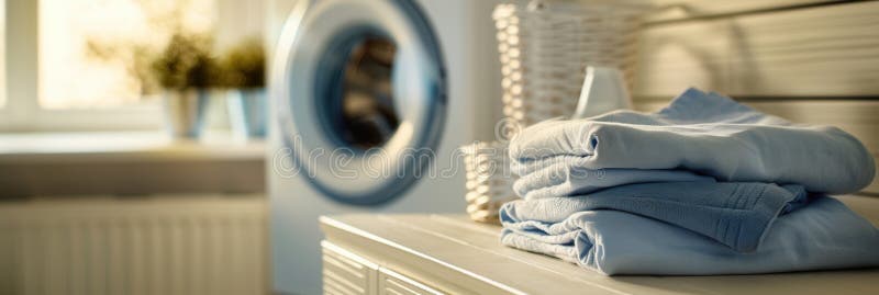 A Stack of Folded, Clean Laundry Rests on a Counter in a Laundry Room ...