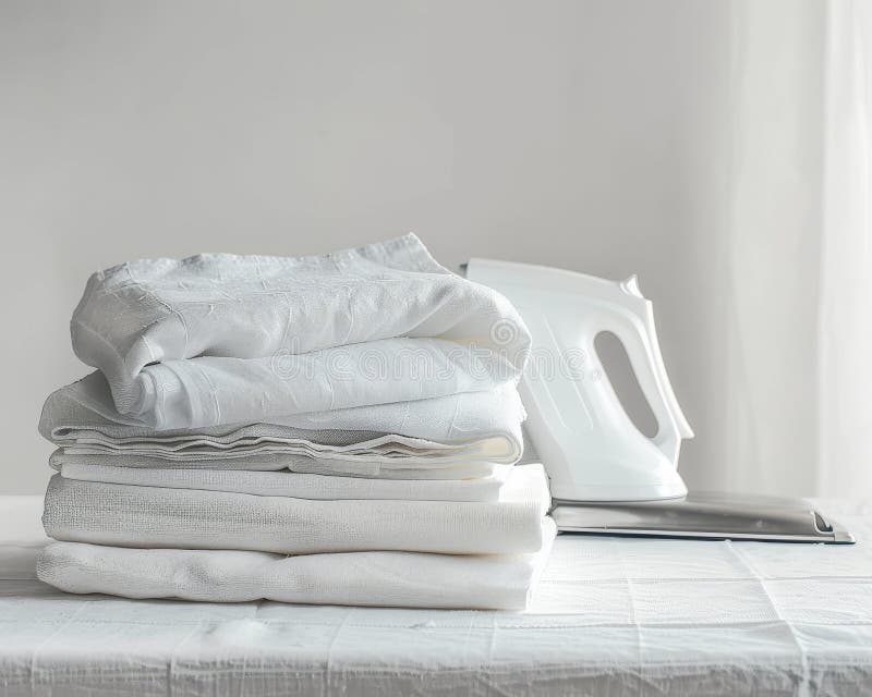 Stack of folded clean sheets, surgical clothes, and industrial iron in ...