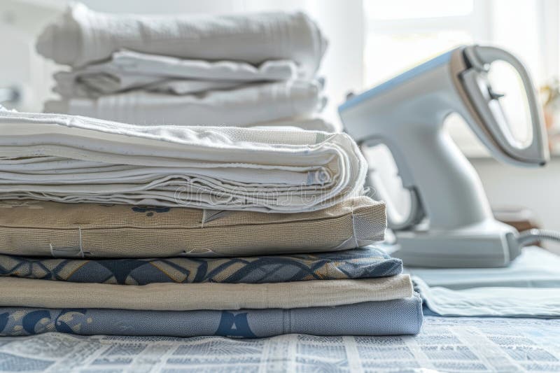 Stack of Folded Clean Sheets and Surgical Clothes with Industrial Iron ...