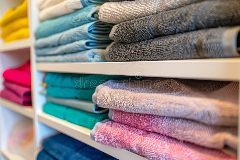 Stack of Folded Cleaning Towels in a Closet Shelf Stock Photo - Image ...