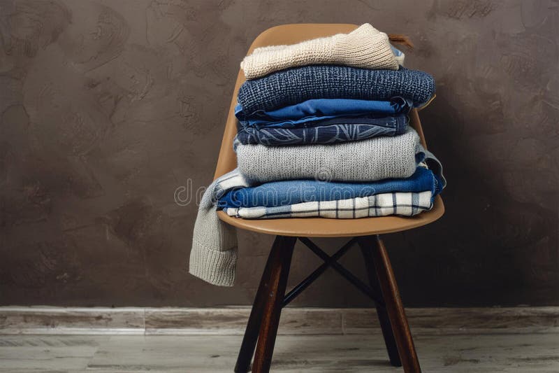 Stack of Folded Clothes on a Chair Stock Photo - Image of grey, messy ...