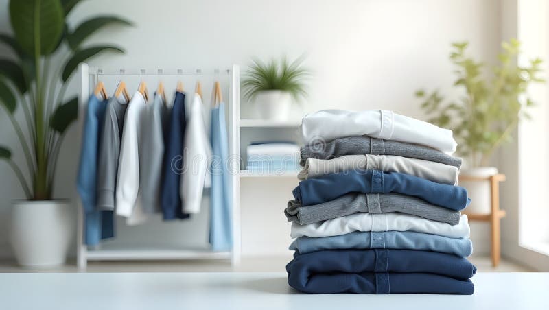 A Stack of Folded Clothes with Price Tags, Set Against a Clean Retail ...