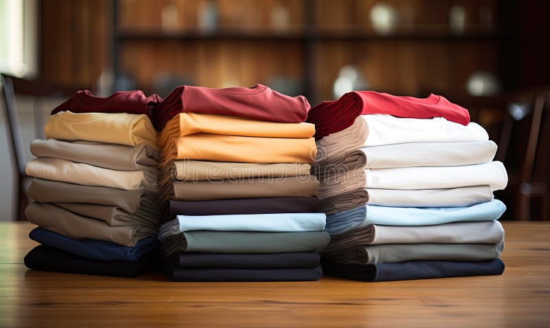 Photo of a Neatly Organized Stack of Folded Clothes on a Rustic Wooden ...