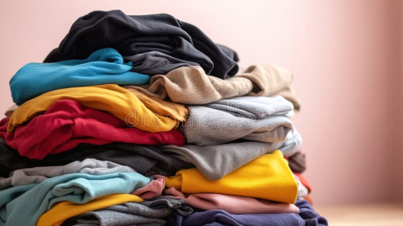 A Stack of Folded Clothes on Top of a Wooden Table, AI Stock Image ...