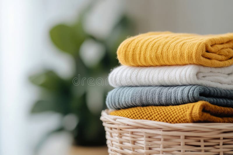 Stack of Folded Clothes in Wicker Basket Stock Image - Image of cozy ...