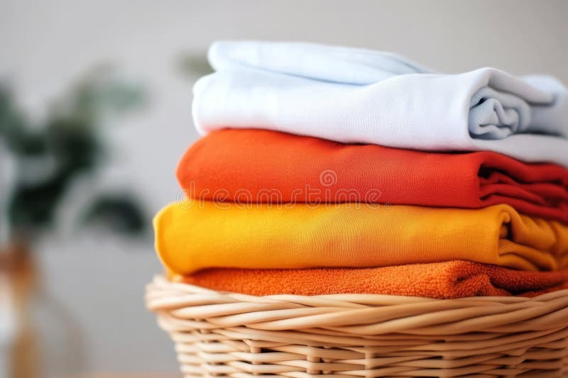 Stack of Folded Clothes in Wicker Basket Stock Photo - Image of folded ...