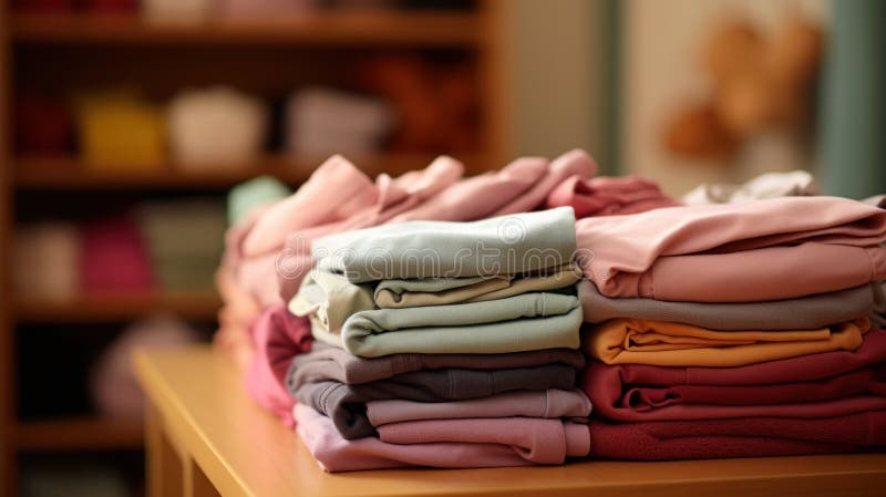 A Stack of Folded Clothes on a Wooden Table in Front of Shelves, AI ...