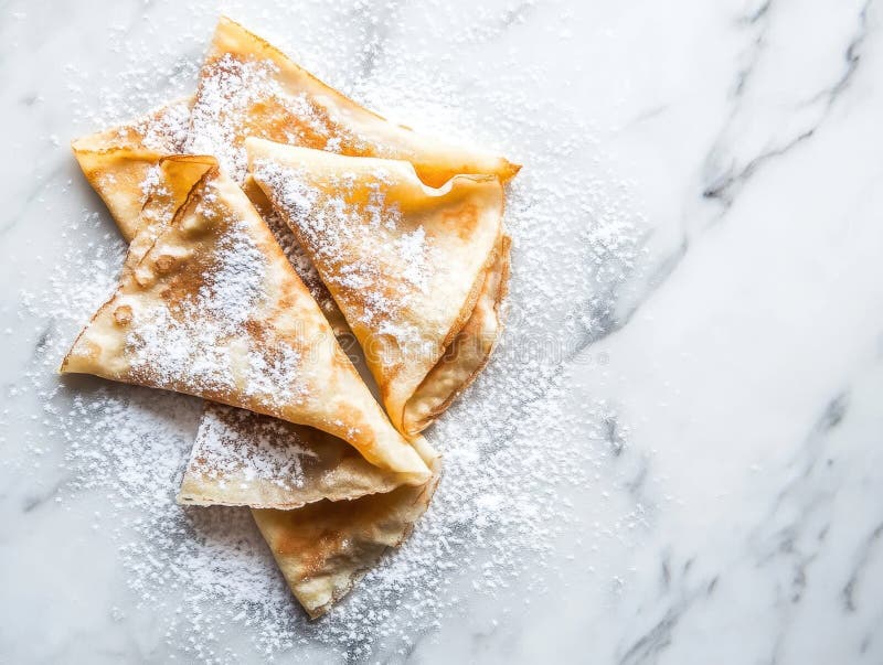 A Stack of Folded Crepes Dusted with Powdered Sugar on a Marble Surface ...