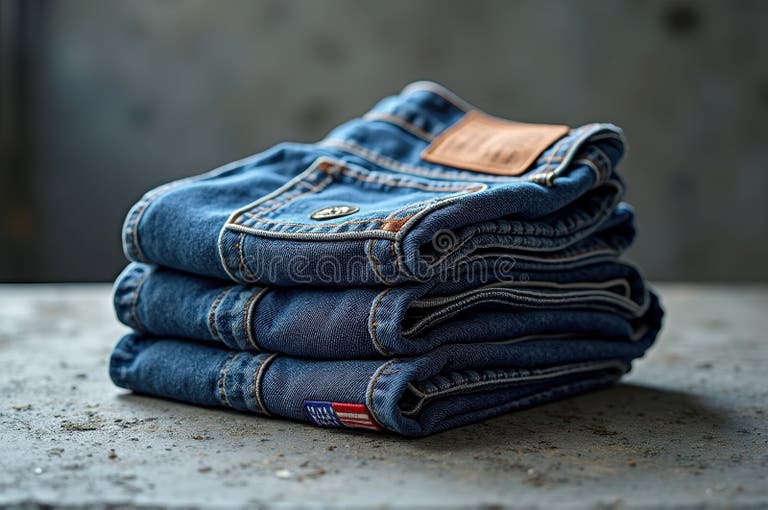 Stack of Folded Denim Jeans on Concrete Surface in Soft Light Stock ...