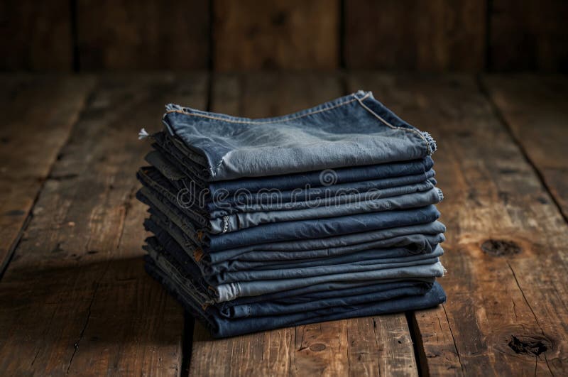 A Stack of Folded Denim Jeans Rests on a Rustic Wooden Surface ...