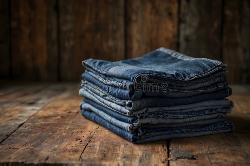 A Stack of Folded Denim Jeans Rests on a Rustic Wooden Surface ...